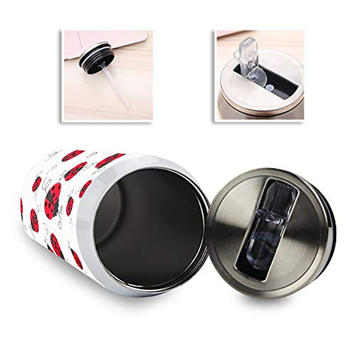 10oz Stainless Steel Tumbler with Lid &amp; Straw-Double Wall Vacuum Insulated Travel Mug,Insect Theme Red Ladybugs Pattern Water Bottle Coffee Beverage Drinks Cup for Adults Kids