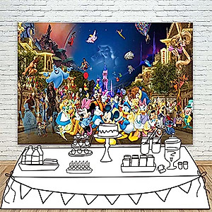 YouRan Disneyland Main Street Backdrop 7x5 Happy Birthday Pink Disneyland Castle All Character Background for Kids Vinyl Classic Disneyland Poster for Bedroom Decor