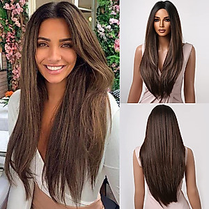 Allbell Brown Wigs for Women Long Straight Layered Natural Hair Wig with Dark Brown Roots Middle Part Synthetic Wig