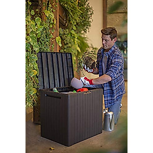Keter City 30 Gallon Resin Deck Box for Patio Furniture, Pool Accessories, and Storage for Outdoor Toys, Brown