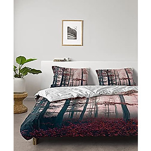 4 Piece Bedding Duvet Cover Set Aesthetic Forest Tree Red Leaves,Soft Bedspread Decorative Pillow Shams Microfiber Quilt Cover Nature Landscape,Washable Bed Sheet Comforter Set for Bedroom Hotel Twin