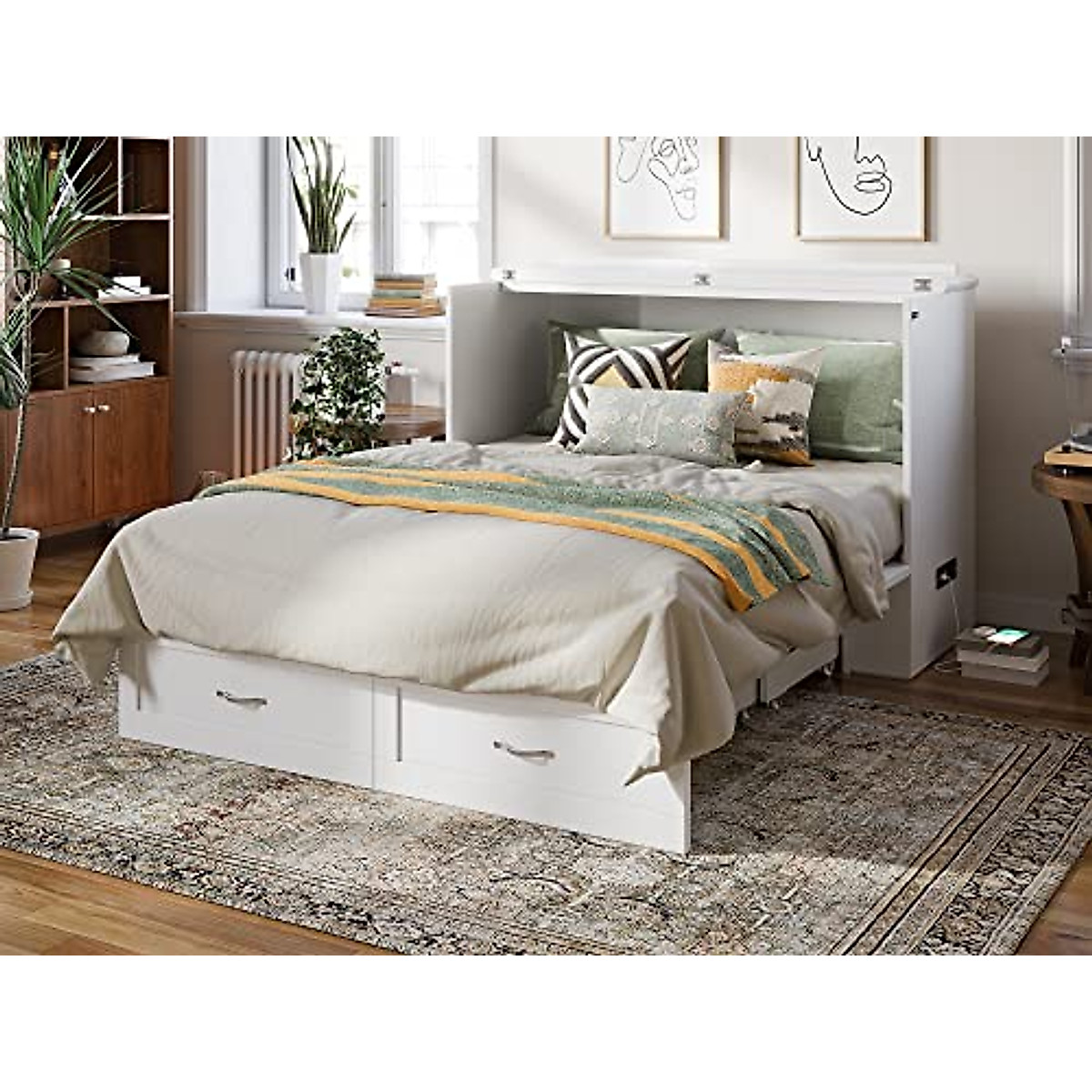 AFI, Hamilton Murphy Bed Chest with 6 inch Memory Foam Folding Mattress, Built-in Charging Station and Storage Drawer, Full, White