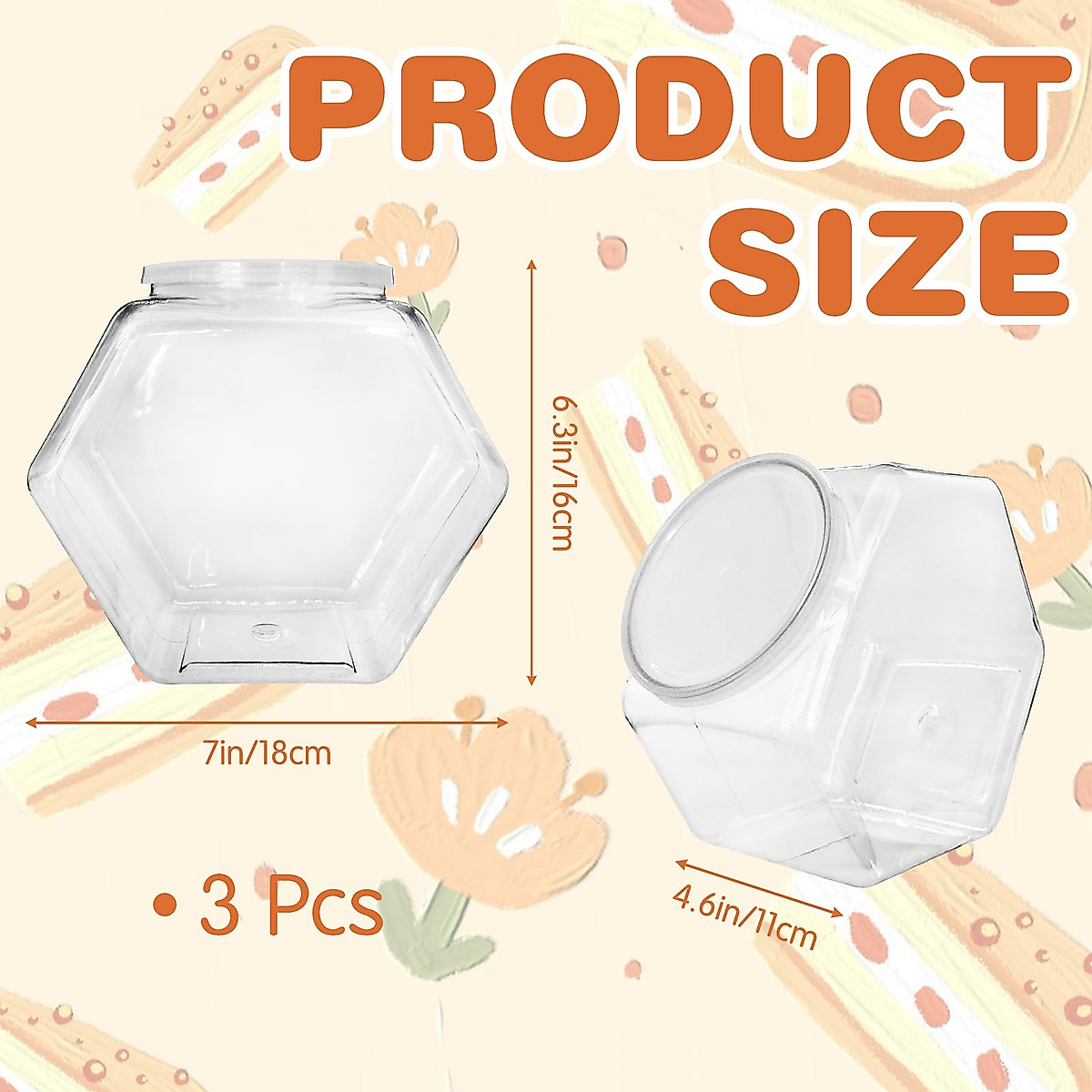 Woozettn 3 Pcs Plastic Candy Jars,Clear Cookie Jars 71 Oz for Kitchen Counter,Hexagon Cookie Jars with Lids,Plastic Dry Food Jar for Candy Buffet