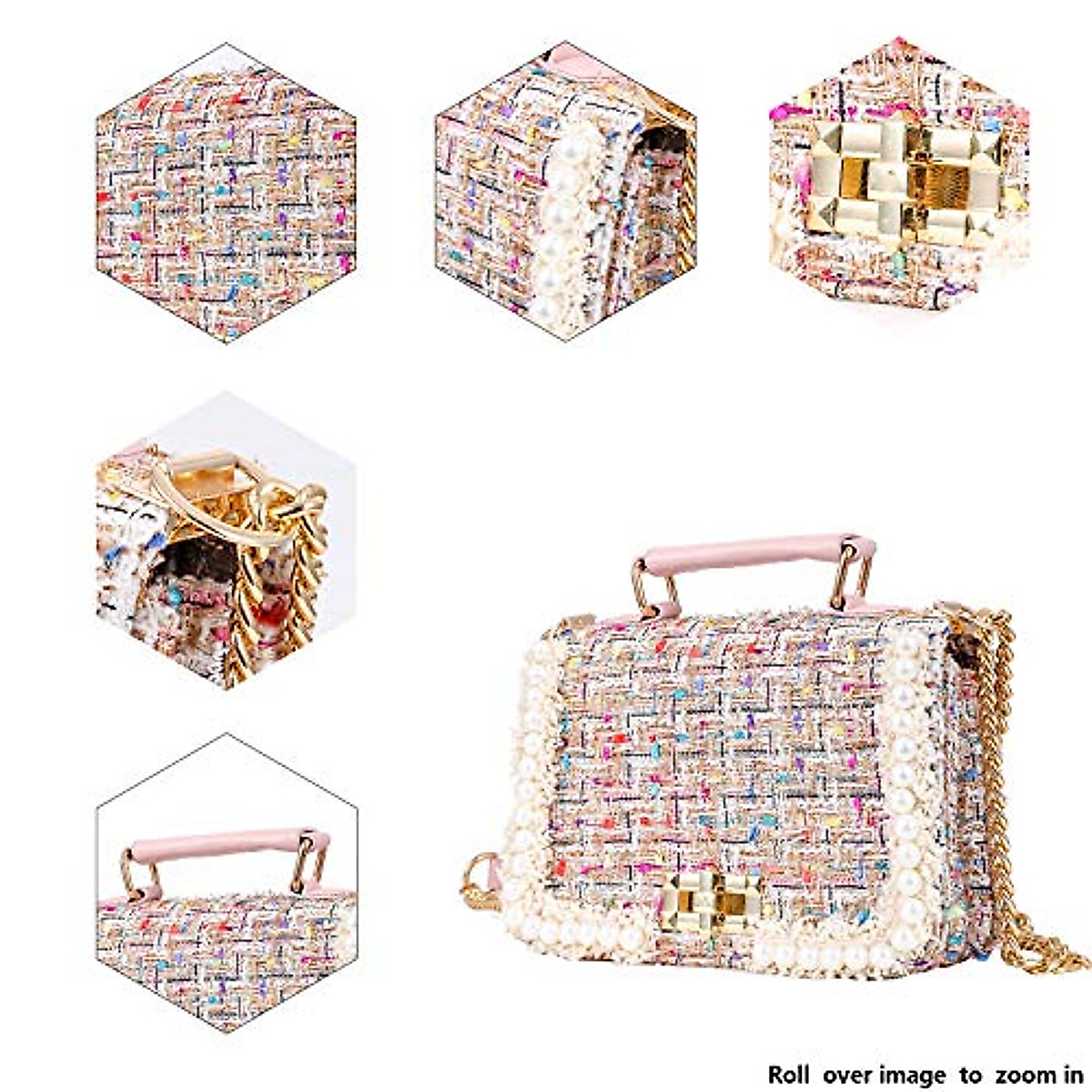 Qiayime Purses and Handbags for Women Fashion Ladies Top Handle Satchel Shoulder Tote Pearl bead chain Tote Crossbody Bag Pink