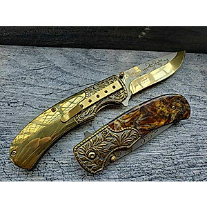 8.25" Gold Floral Rose Etch Spring Assisted Folding Tactical Pocket Stainless Steel Blade Knife