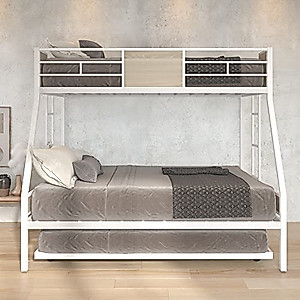 Twin Over Full Bunk Bed Frame with Trundle, Metal Bunkbed with Sturdy Guard Rail and Ladder for Girls/Boys/ Adults, No Box Spring Needed, Noise Free for Dorm, Bedroom, Guest Room (White)