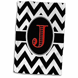 3D Rose Black and White Chevron Monogram Red Initial J Hand Towel, 15" x 22", Multicolor