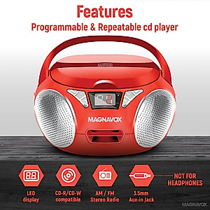 Magnavox MD6924 Portable Top Loading CD Boombox with AM/FM Stereo Radio in Black | CD-R/CD-RW Compatible | LED Display | AUX Port Supported | Programmable CD Player | (Red)