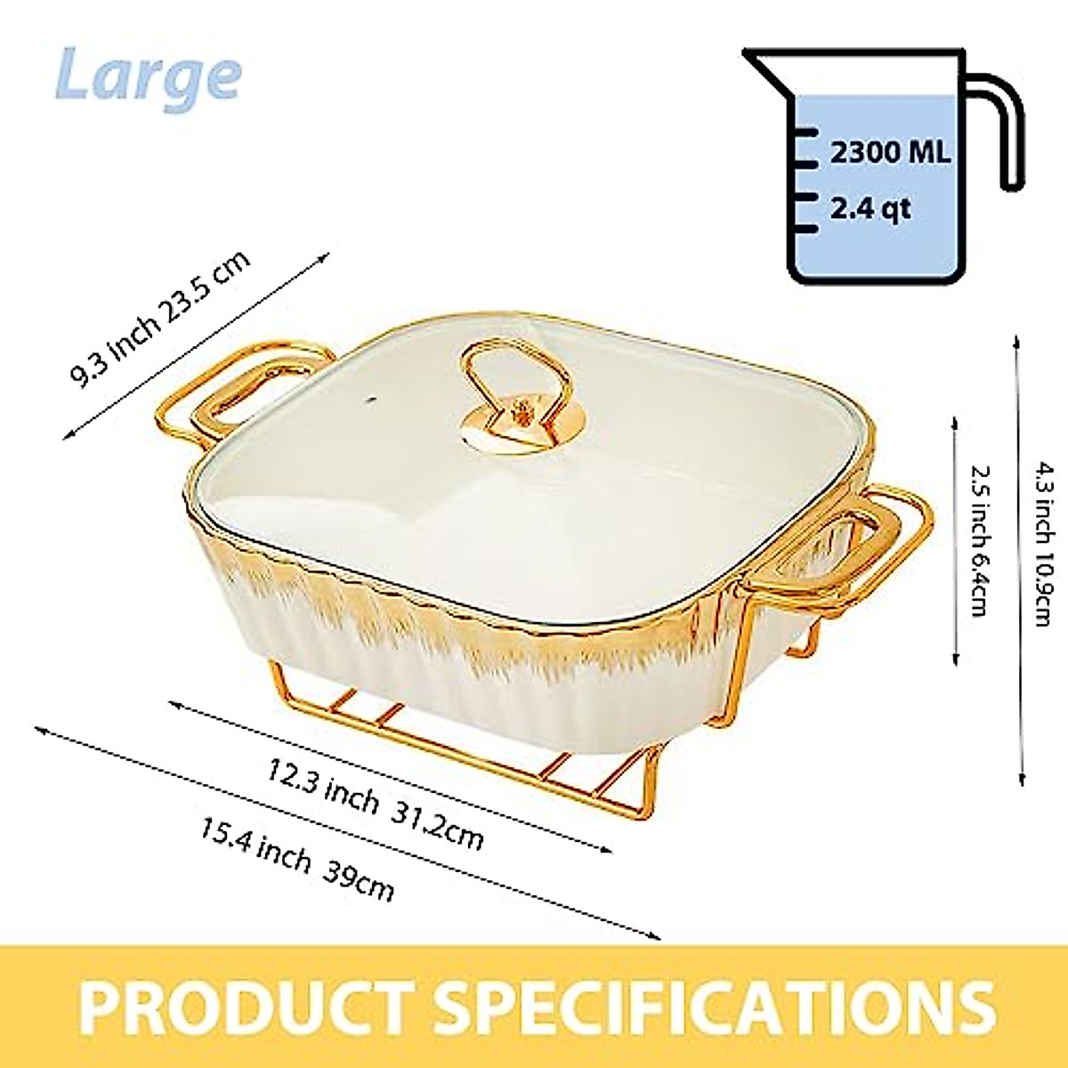 Rectangular Porcelain Casserole Warming Trays for Food, Ceramics Chafers, and Buffet Warmers Sets, Gold Plating Serving Dishes (Large 2.4 quarts)