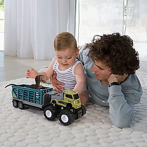 Dinosaur Transport Truck 9.8 inch Metal Trailer Belt 6.7 inch Velociraptor for 3 4 5 6 7 Year Old boy Toy