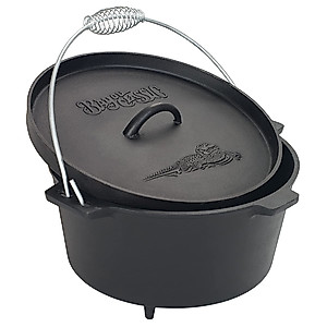 Bayou Classic Pre-Seasoned Cast Iron Dutch Oven w/ Feet Features Flanged Camp Lid Stainless Coil Wire Handle Grip, 8-qt Perfect For Baking Frying One-Pot Meals Stews and Chili