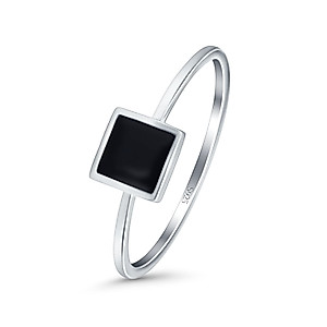 Blue Apple Co. Simulated Black Onyx Size-8 Solitaire Fashion Petite Dainty Ring Princess Cut Square Solid Rhodium 925 Sterling Silver