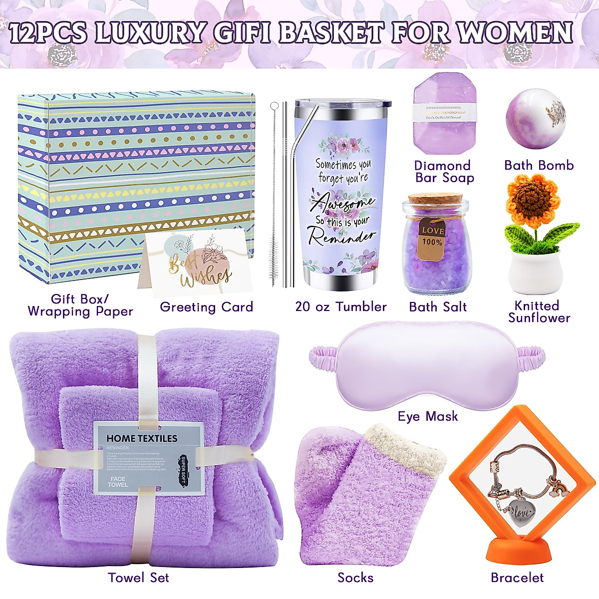 Mzoyell Get Well Soon Gift Baskets for Women, Get Well Gifts for Women After Surgery Care Package, Self Care Gift Set, Thinking of You Feel Better Gift Box for Sick Friend(Purple)