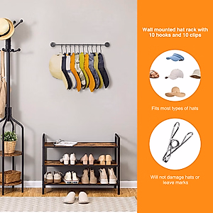 Kruodop Hat Rack for Wall Baseball Cap Organizer Hanger with 10 Clips and 10 S hooks, Black Modern Metal Hat Holder Wall-Mounted Caps Display for Closet Bedroom Entryway Laundry 1 Pack