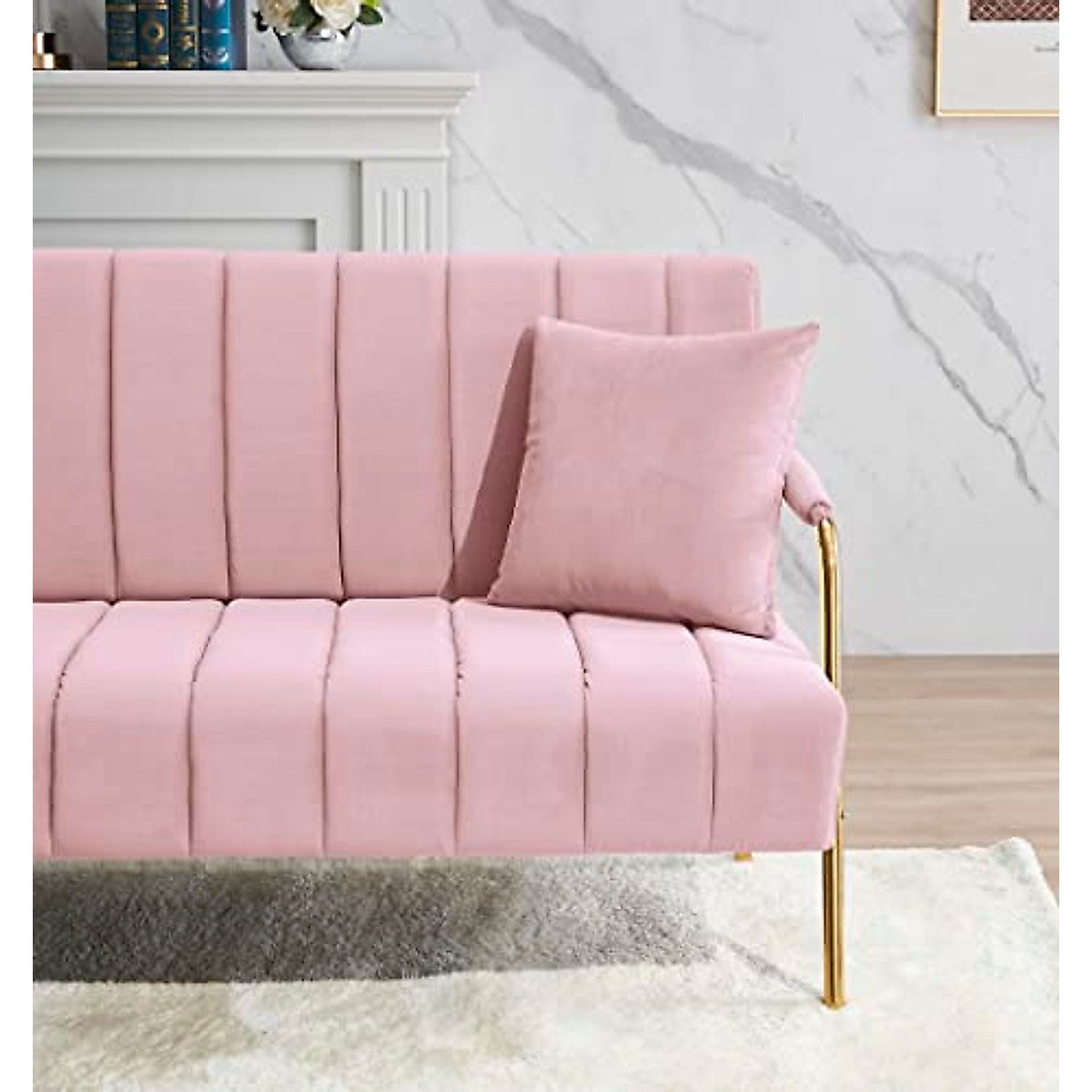 Yoluckea Loveseat Sofa Small Couch, Upholstered Love Seats Furniture with Two Throw Pillows and Golden Metal Legs Suitable for Small Spaces (Pink)