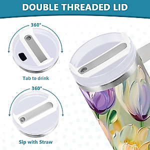 ALAZA Tulip Flower Floral Painting 40 oz Tumbler Stainless Steel Water Bottle Vacuum Insulated Cup with Straw Lid & Handle For Travel Car Cup Holder