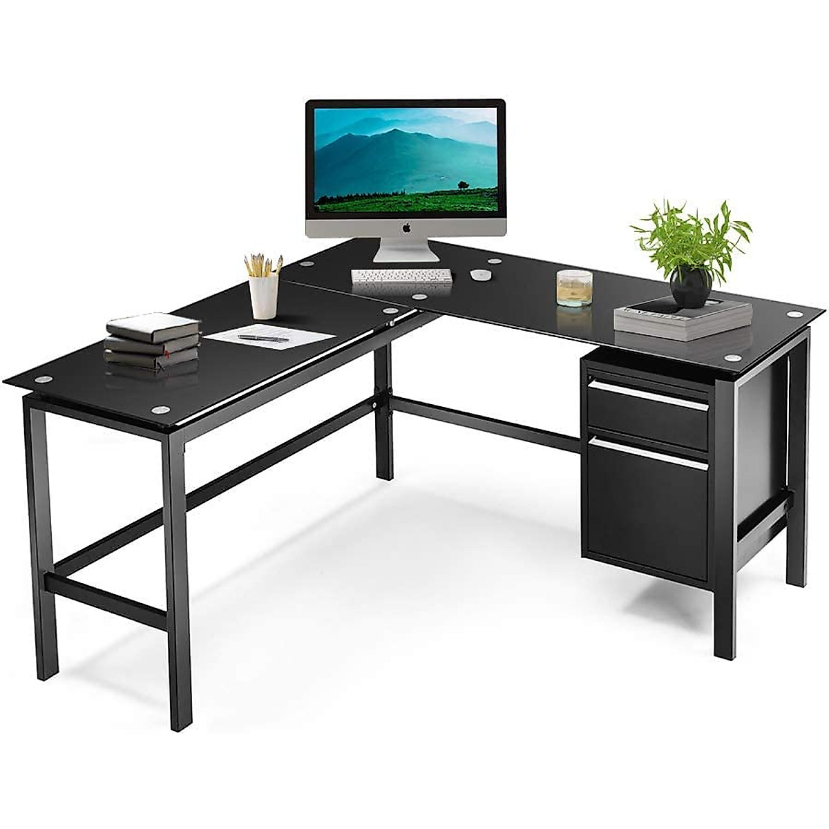 Greenvelly Black L Shaped Office Computer Desk with Storage Drawers, 56” Metal Black Home Desk with Tempered Glass Top, Modern Study Writing Table for Workstation (Metal Steel Frame)