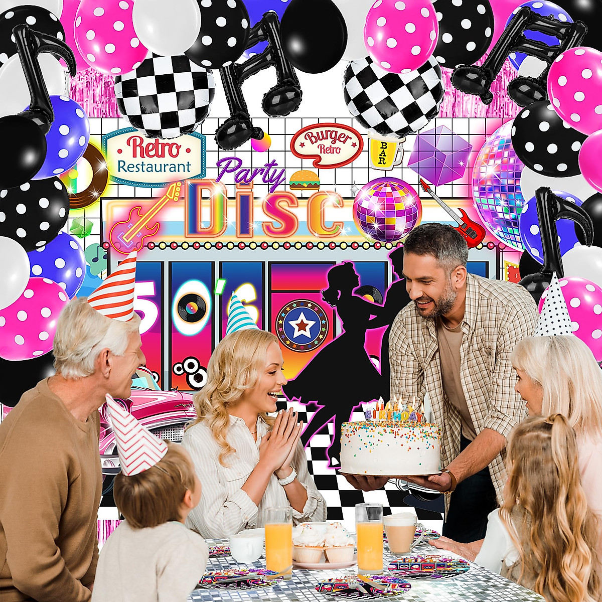 50s Party Decorations - Music Birthday Party Supplies Backdrop Banner- Paper Dinner Dessert Plates Tinsel Curtains Tablecloth Balloons 50's Music Theme Birthday Party Decorations Party Favors