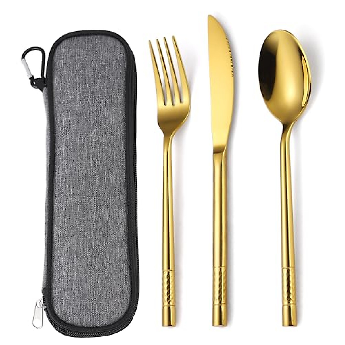 AARAINBOW Portable Travel Utensils with Case, 3 Pcs Heavy Duty Stainless Steel Cutlery Set Reusable Flatware Personal Silverware Set Include Fork Spoon Knife for Office Camping Picnic (Golden)