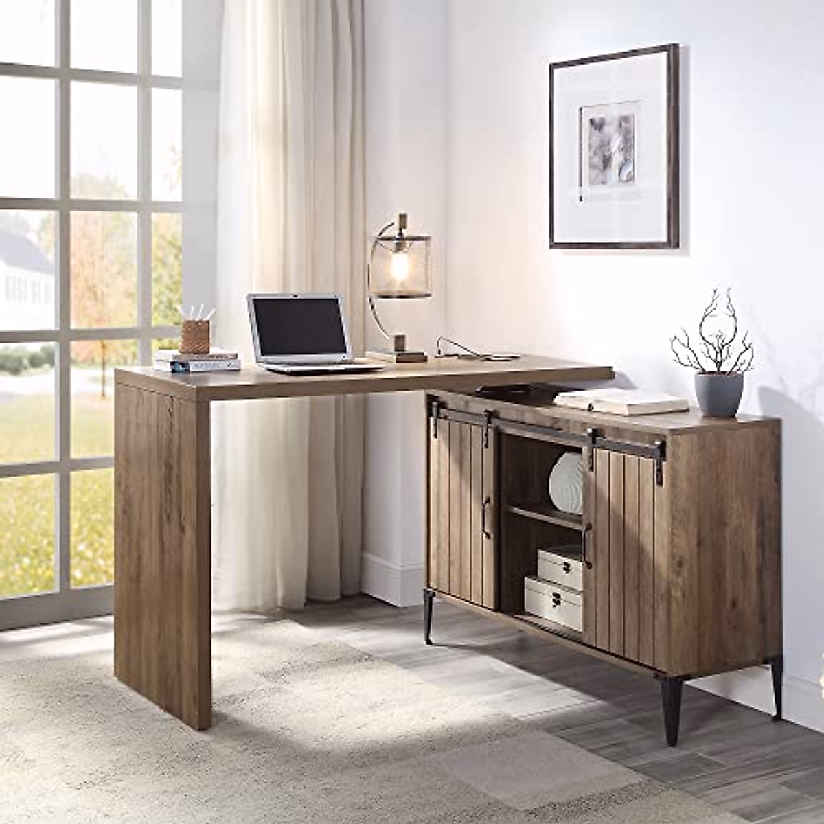 L Shaped Desk w/USB 360° Rotating Rustic Home Office Computer Desk Large Writing Gaming Table Workstation with Storage File Cabinet, Oak Finish, 55" L x 52" W x 36" H
