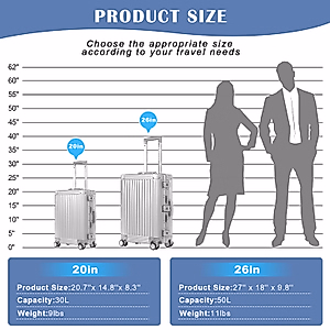 DOMINOX All Aluminum Carry On Luggage Hard Shell Luggage Aluminum Suitcase for Travel Zipperless Luggage Checked Luggage with Silent 360° Spinner Wheels 26 In. (Vertical Grain Style, Sliver)