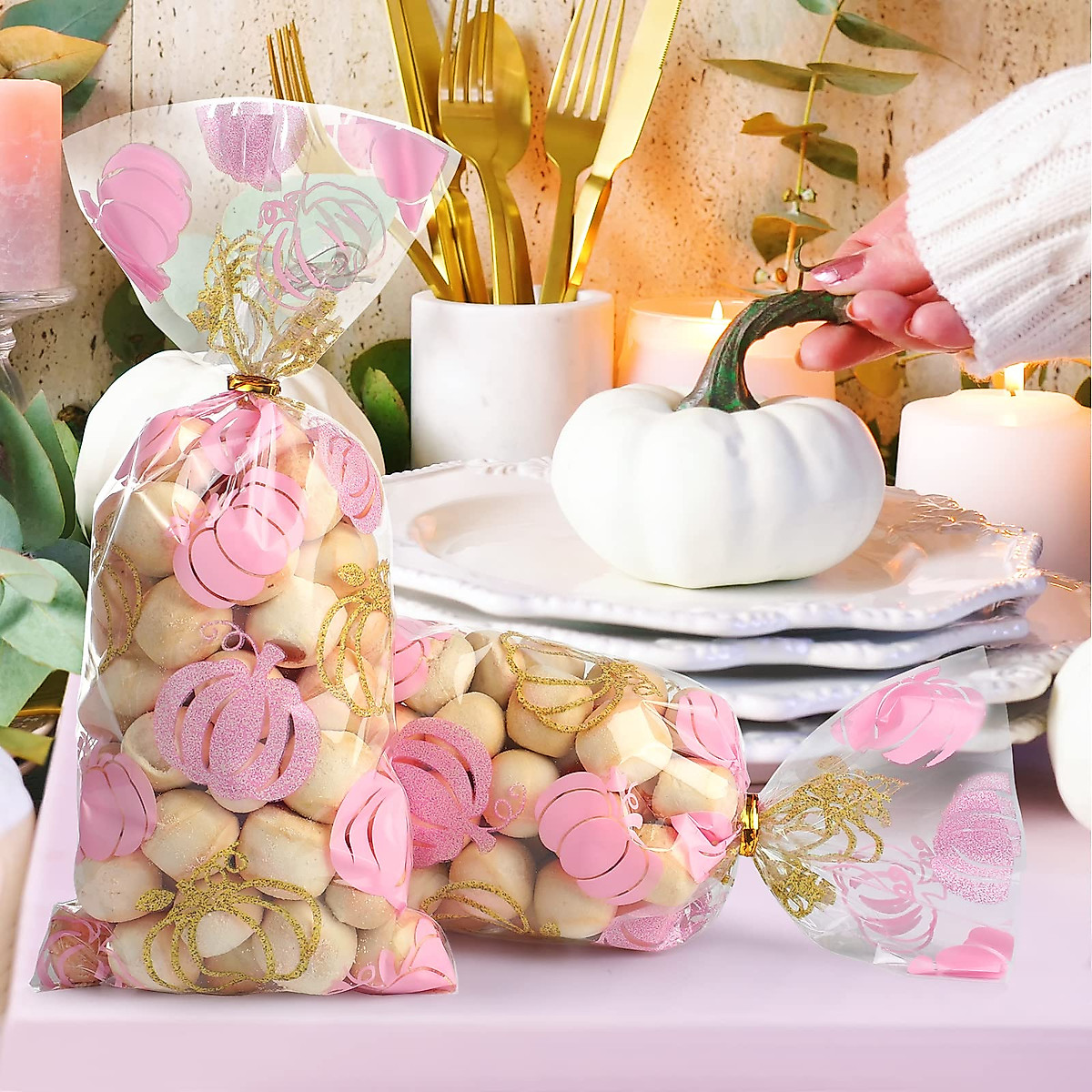 100 Pcs Little Pumpkin Bags Fall Cellophane Bags Plastic Pumpkin Candy Bags Pumpkin Cello Bags Goodie Treat Bags with Gold Twist Ties for Autumn Theme Party Supplies Thanksgiving Party Decorations