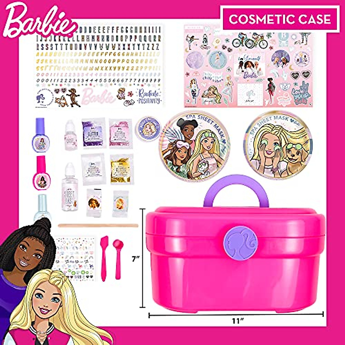 Barbie Cosmetic Case by Horizon Group USA, DIY Beauty Kit for an at-Home Spa Day, Create Your Own Face Sheet Masks, Nail Art & Body Glitter, Includes Reusable Storage Case with Removable Tray
