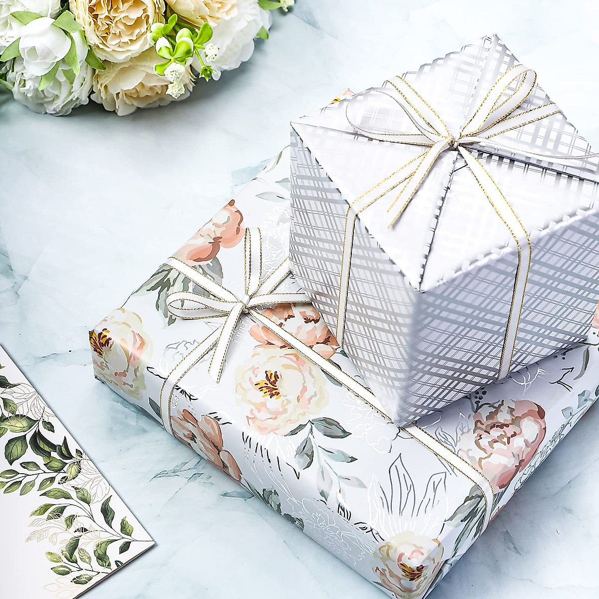 LeZakaa Reversible Silver Foil Wrapping Paper Roll - Silver Flower & Plaid Design for Wedding, Engagement, Bridal Shower, Anniversay, Mother's Day - 17 inches x 32.8 Feet