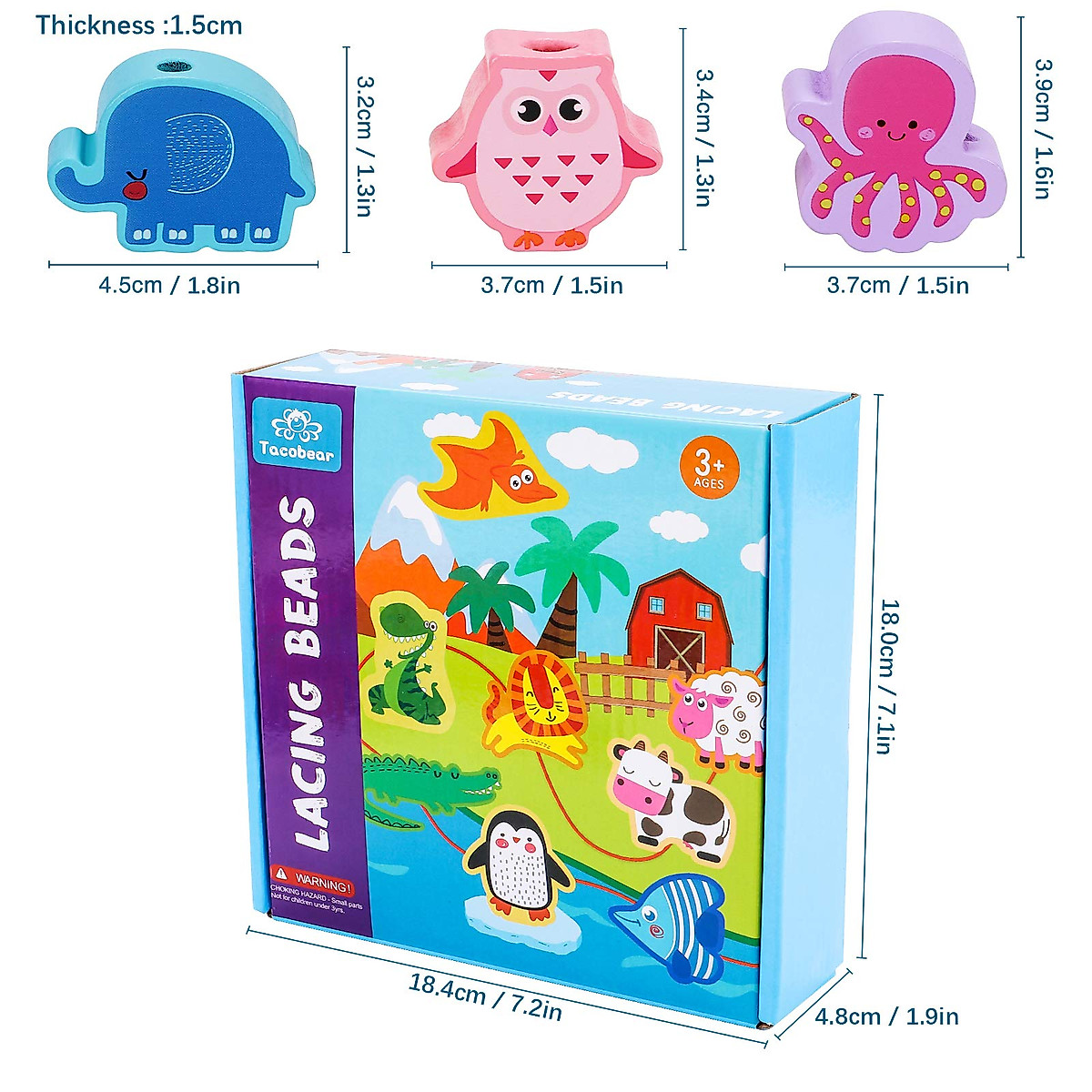 Tacobear Wooden Lacing Beads for Toddlers Montessori Threading String Toys, Dino Safari Farm Sea Animal Preschool Educational Learning Toys Christmas Birthday Gift for Kids 3 4 5 6 Year Old Boys Girls