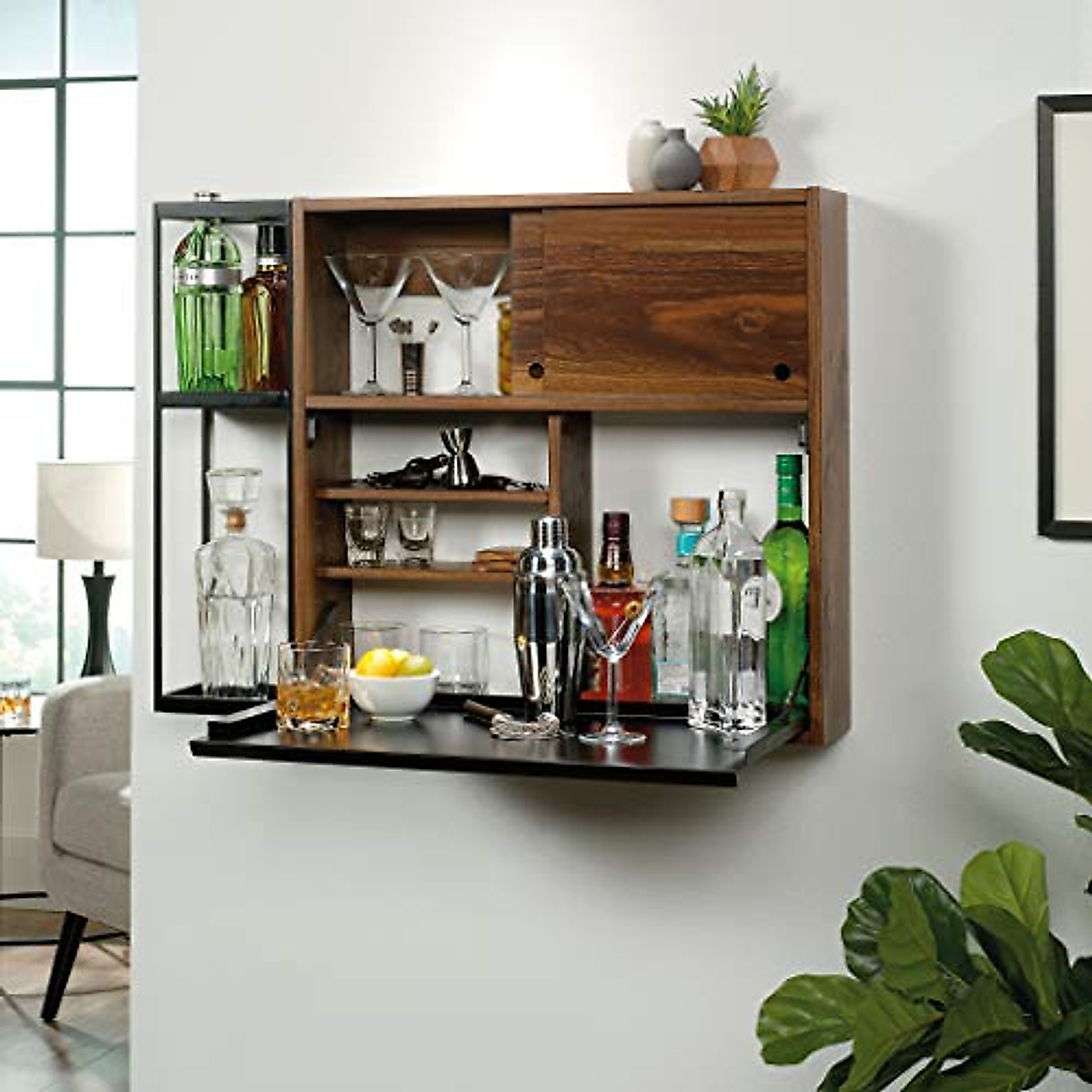 Sauder Harvey Park Wall Bar, L: 33.27" x W: 5.91" x H: 25.0", Grand Walnut Finish
