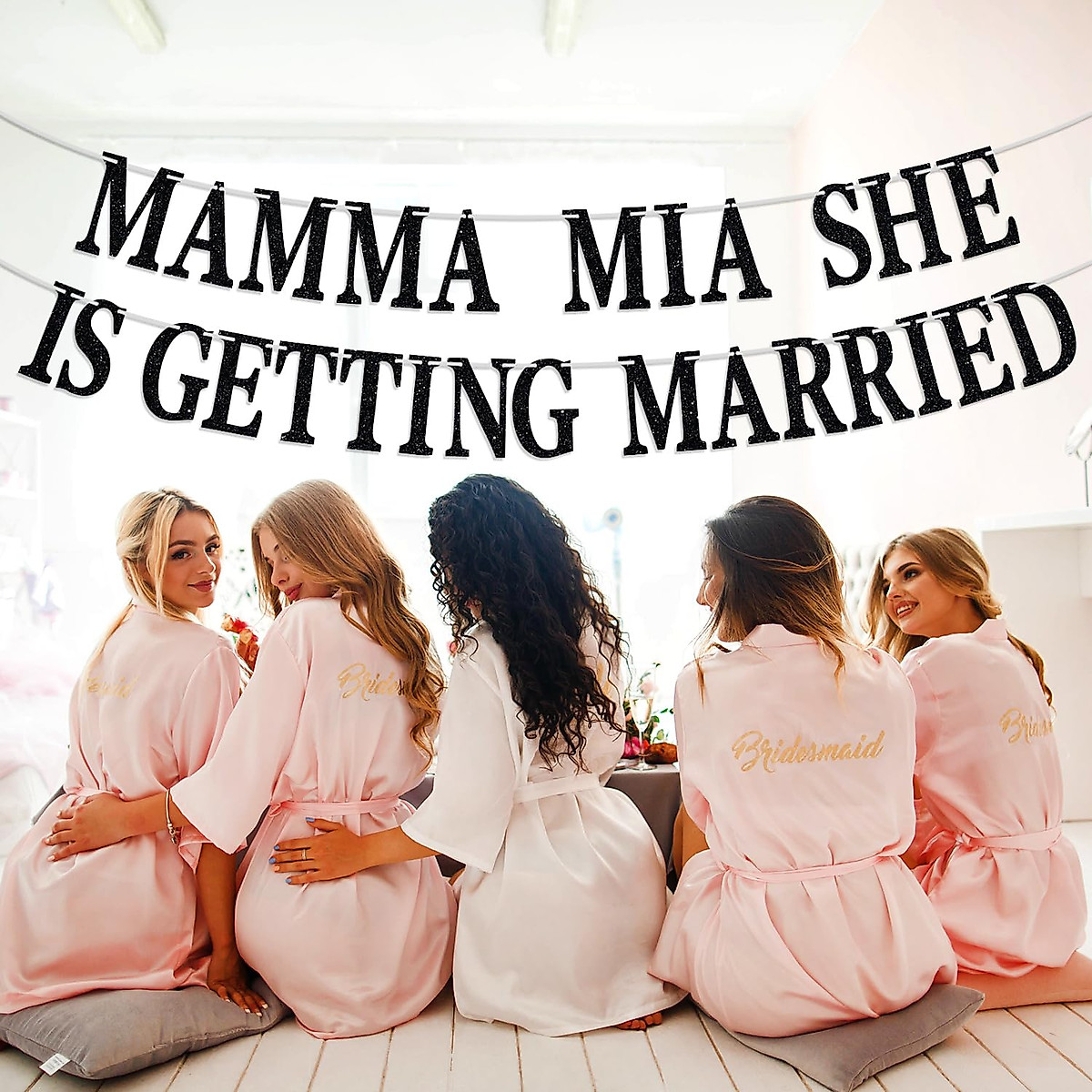 Mamma Mia She is Getting Married Banner, Newly Engaged/Wedding Gift for Bride, Engagement/Wedding/Brial Shower Party Decoration Supplies for Friends, Black Glitter