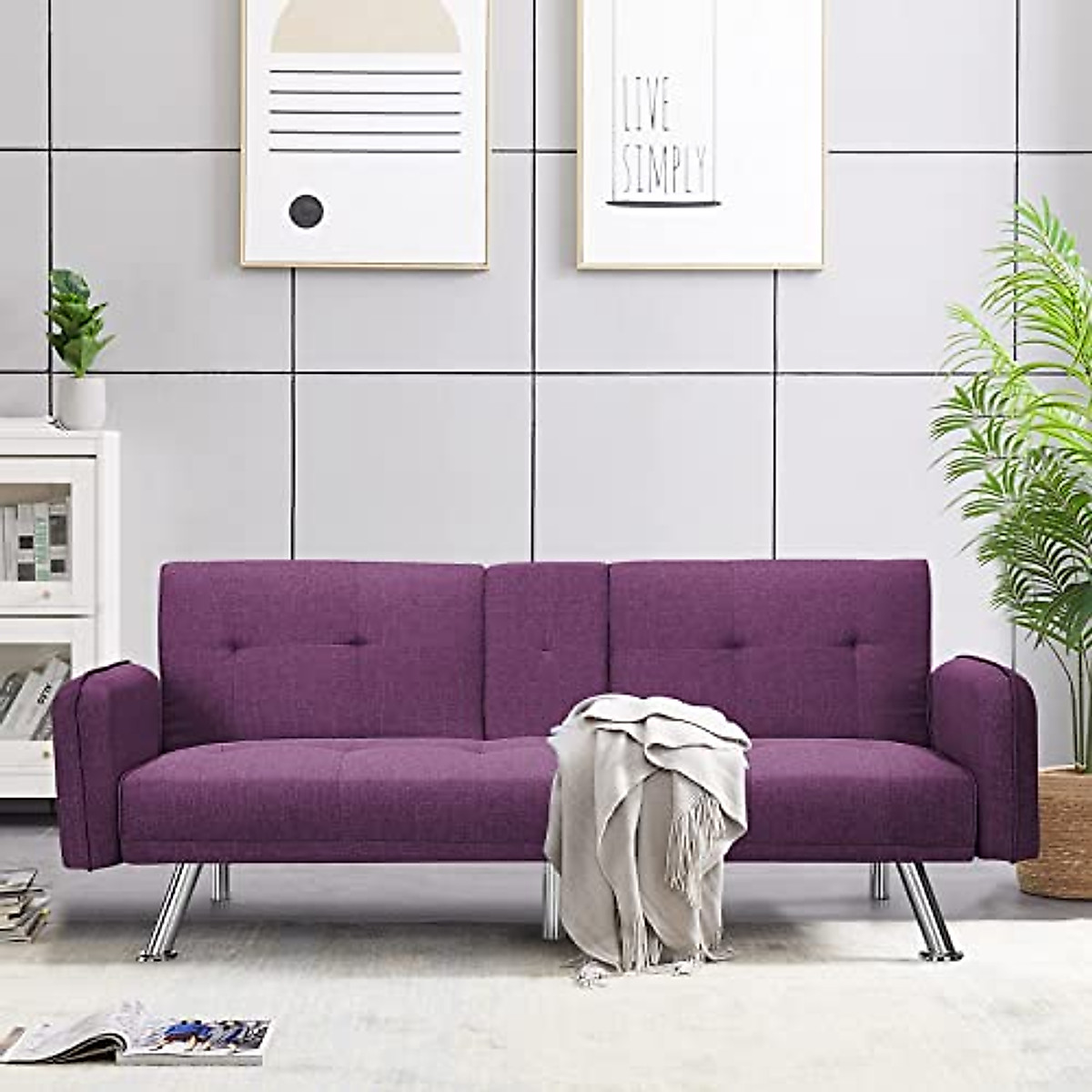 DKLGG Futon Sofa Bed Convertible Sofa Couch, Modern Loveseat Sleeper Futon Couch with 2 Cup Holders, Convertible Folding Sofa Bed Small Couch for Living Room, Bedroom, Apartment or Dorm(Purple)