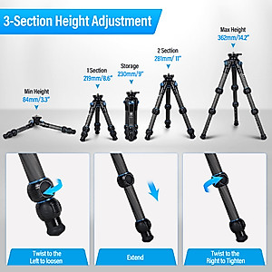SIRUI AM223L Travel Video Tripod with Leveling Base, Mini Carbon Fiber Desktop Tripod for DSLR Camera Video Camcorder, Max Load 33lbs, Max Height 14.2"