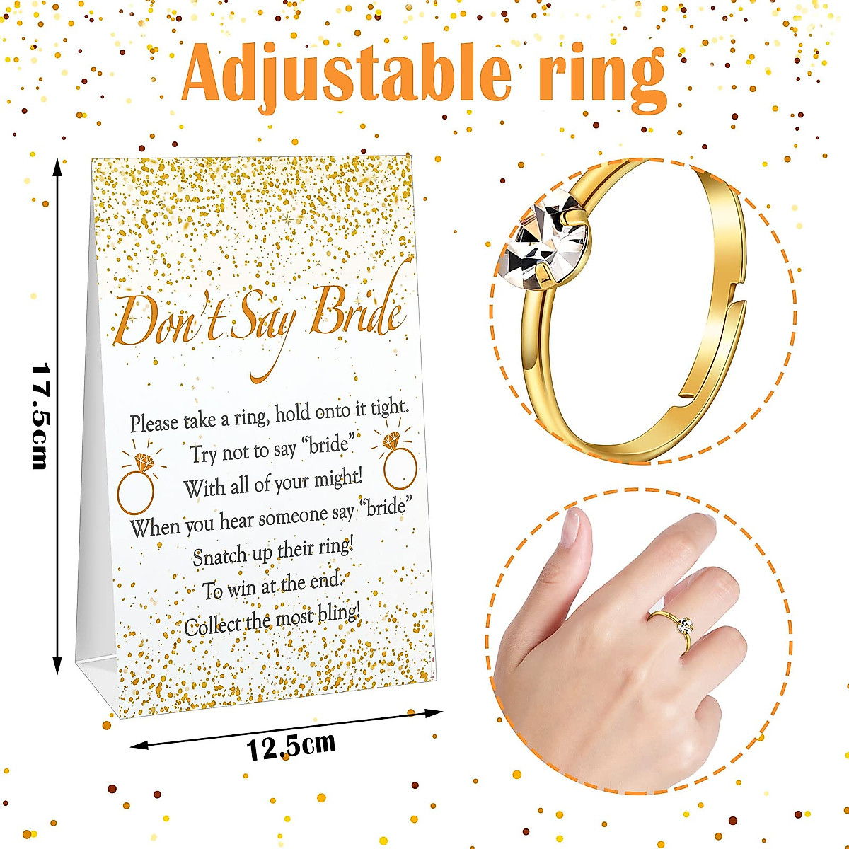 Geosar Ring Game Put a Ring on It Bridal Shower Games with Rings Dont Say Bride Game Rules and 60 Plastic Rings Bridal Shower Favors for Guests Wedding Shower Games(Gold, Confetti)