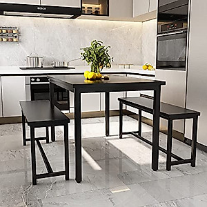AWQM Dining Table Set for 4, Kitchen Table Set with 2 Benches, 47.2Inch 3-Piece Dining Room Table Set with Metal Frame and MDF Board, Sturdy Structure, Space-Saving, Black
