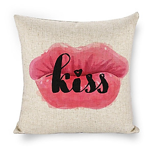 Pink Lipstick Watercolor Throw Pillow Covers 18×18 Pillowcases Set of 1 Kiss Valentine Mouth Linen Decorative Square Pillow Case Cushion Covers Standard Size for Sofa Couch Outdoor Bed Pillow Protecto