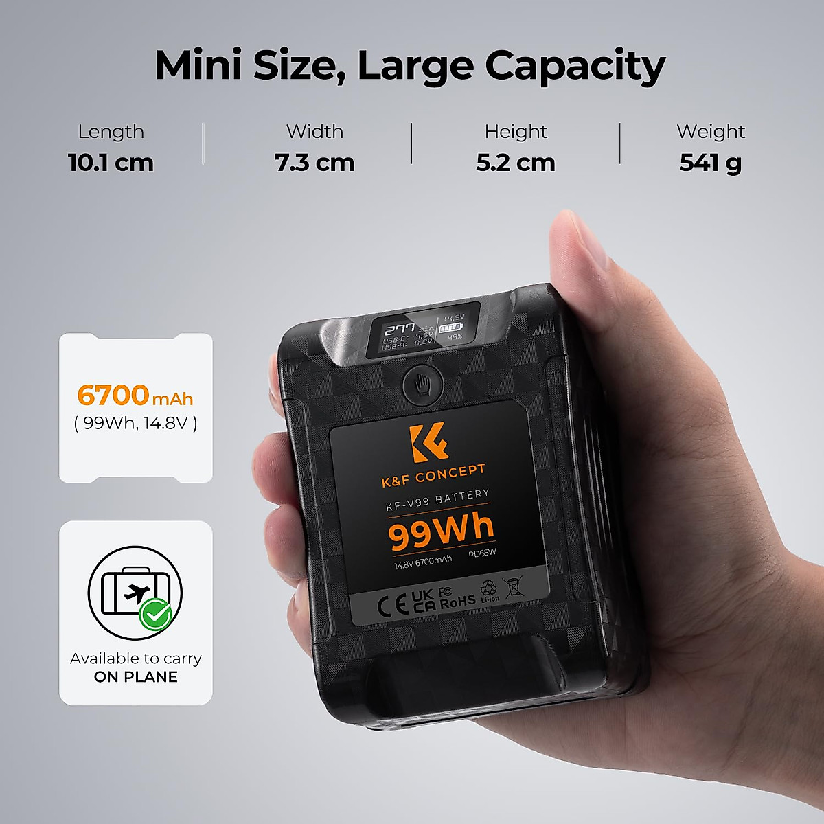 K&F Concept V Mount Battery, 99Wh Mini V-Mount Battery, 6700mAh 14.8V Support 65W PD USB-C Fast Charger, with D-TAP, USB-A, USB-C, BP, OLED Screen, for Cameras and Camcorders