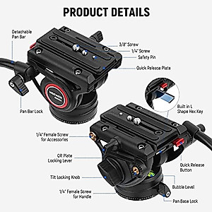 NEEWER Video Tripod Fluid Head with Quick Release Plate Compatible with DJI RS Gimbals Manfrotto, Telescopic Handle & Scaled Base (⌀75mm) for Panorama, Heavy Duty for DSLR Video Cameras, GM002