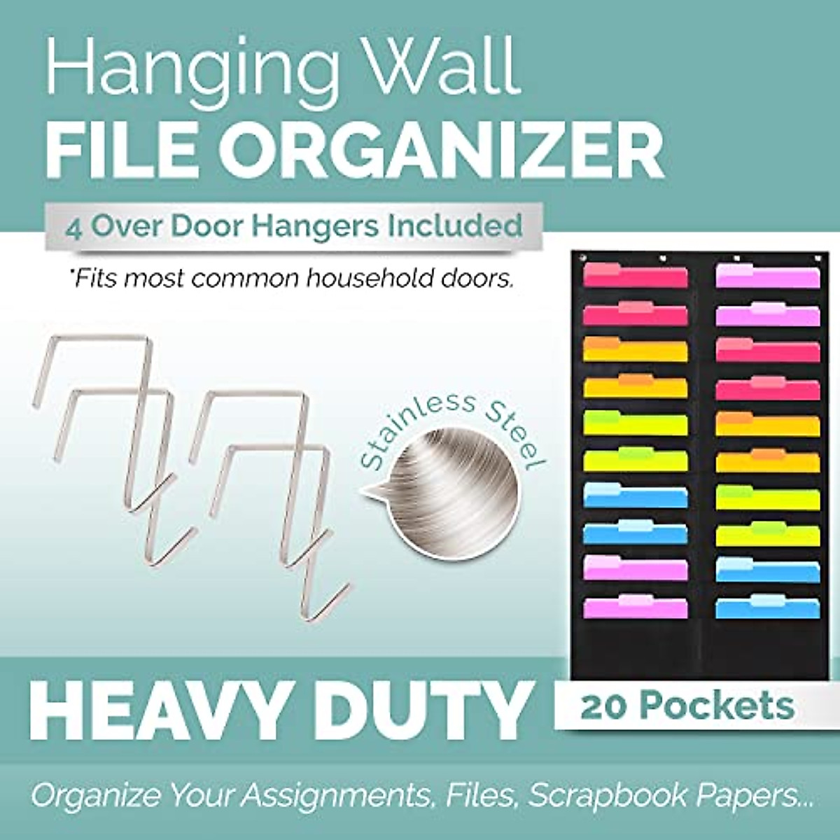 Heavy Duty Storage Pocket Chart for Classroom and Office, 20 Pockets, 4 Over Door Hangers Included, Hanging Wall File Organizer for File Folders, School Mailbox, Home/Office Papers & More (Black)