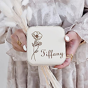 Corissy Personalized Jewelry Box for Women, Custom Travel Jewelry Case with Name and Birth Flower, Leather Jewelry Box for Rings, Earrings, Necklaces, Personalized Gifts for Women