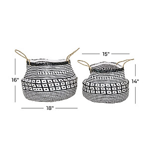 Deco 79 Wood Handmade Patterned Storage Basket with Handles, Set of 2 16", 14"H, Black