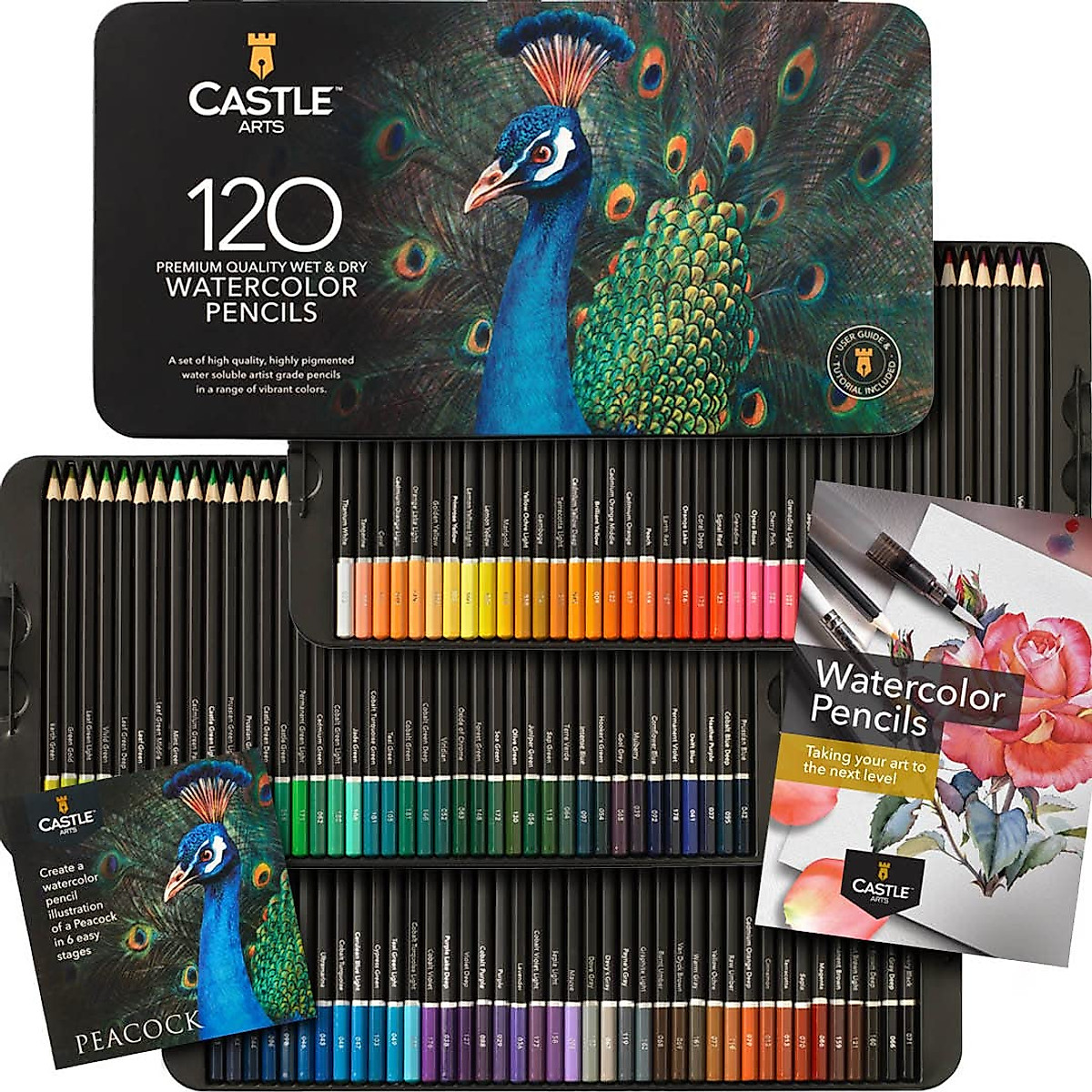 Castle Art Supplies 120 Watercolor Pencils Set | Quality Vibrant Pigments | Draw and Paint at Same Time | For Adult Artists and Professionals | Protected and Organized in Presentation Tin