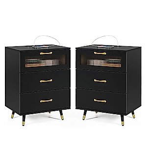 3 Drawer Nightstand Set of 2 Black Modern Nightstands with USB Charge, Glass Door, Gold Leg and Handle, Bedside Cabinet Furniture Side Table Chest for Bedroom