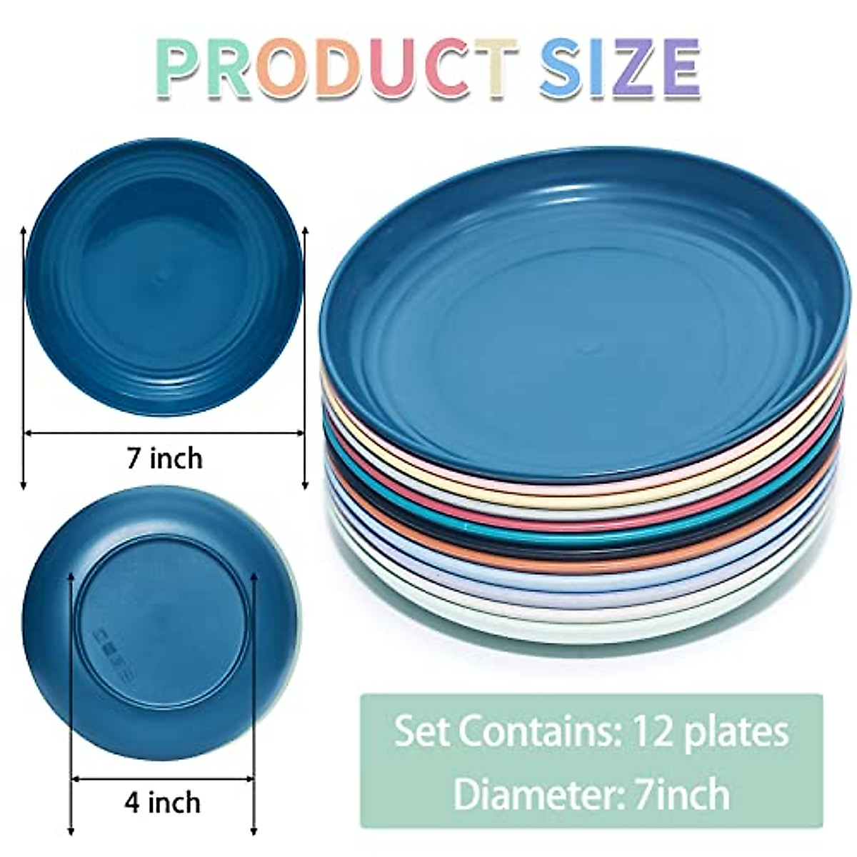DAPIPIK 12 PACK 7 Inch Lightweight Mini Wheat Straw Plates, Unbreakable Sturdy Plastic Dinner Plates, Assorted Colors Dinnerware Sets, Microwave & Dishwasher Safe/Kids-toddler & Adult