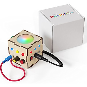 Montessori Busy Board Fidget Cube for Toddlers {Improved 2023 Version} Wooden Sensory Activity Cube Toys for Toddlers LED Light Up Buttons Pluggable Wires Baby Gifts Educational Learning Fidget Toy