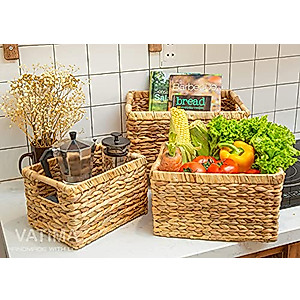 VATIMA Large Wicker Basket Rectangular with Wooden Handles for Shelves, Water Hyacinth Basket Storage, Natural Baskets for Organizing, Wicker Baskets for Storage 14.5 x 10.3 x 7.5 inches