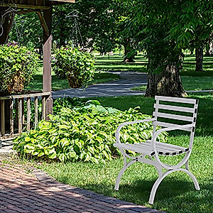 Sophia & William Outdoor Garden Park Chair Patio Metal Single Seater Bench, Steel Frame Furniture with Backrest and Armrests for Porch Yard Lawn Deck, White