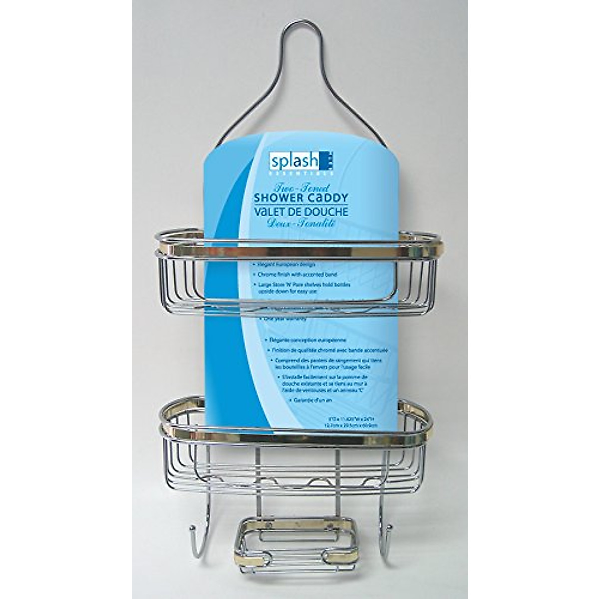 Splash Home Bathroom Shower Door or Hanging From Shower Head Caddy With Two Basket Organizers Plus a Soap Dish For Storage Shelves For Shampoo, Conditioner and Soap – Silver Chrome