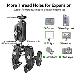 TELESIN Camera Monitor Super Clamp Mount 360 Ballhead Magic Arm with 1/4" 3/8" Port Bike Motorcycle Handlebar Attach Accessories for Canon Nikon DSLR GoPro Isnta360 Video Light Ronin-MX Freefly MOVI