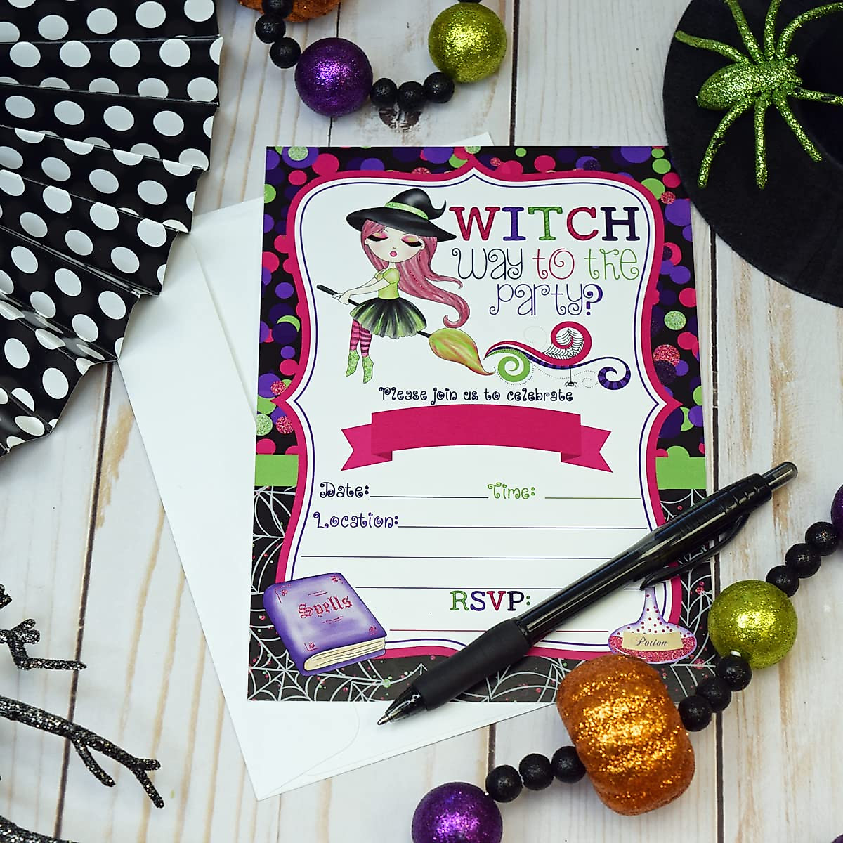 Fancy Halloween Witch Halloween Birthday Party Invitations, 20 5x7 Fill In Cards with Twenty White Envelopes by AmandaCreation